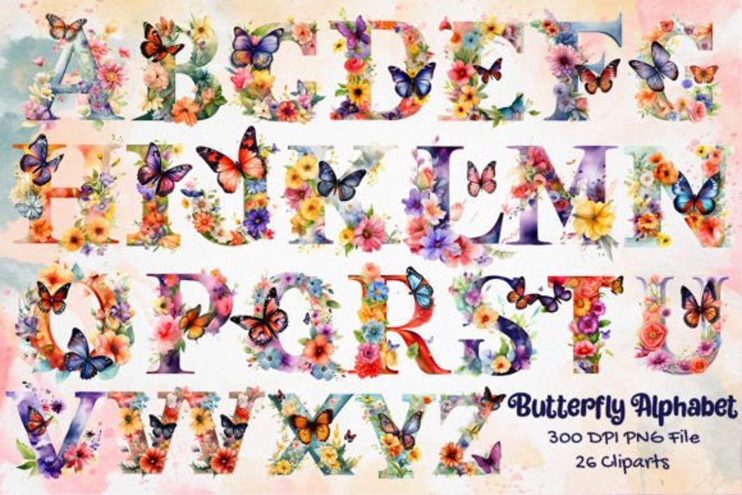 WATERCOLOR Butterfly Alphabet, Butterfly Letters PNG, Butterfly ...