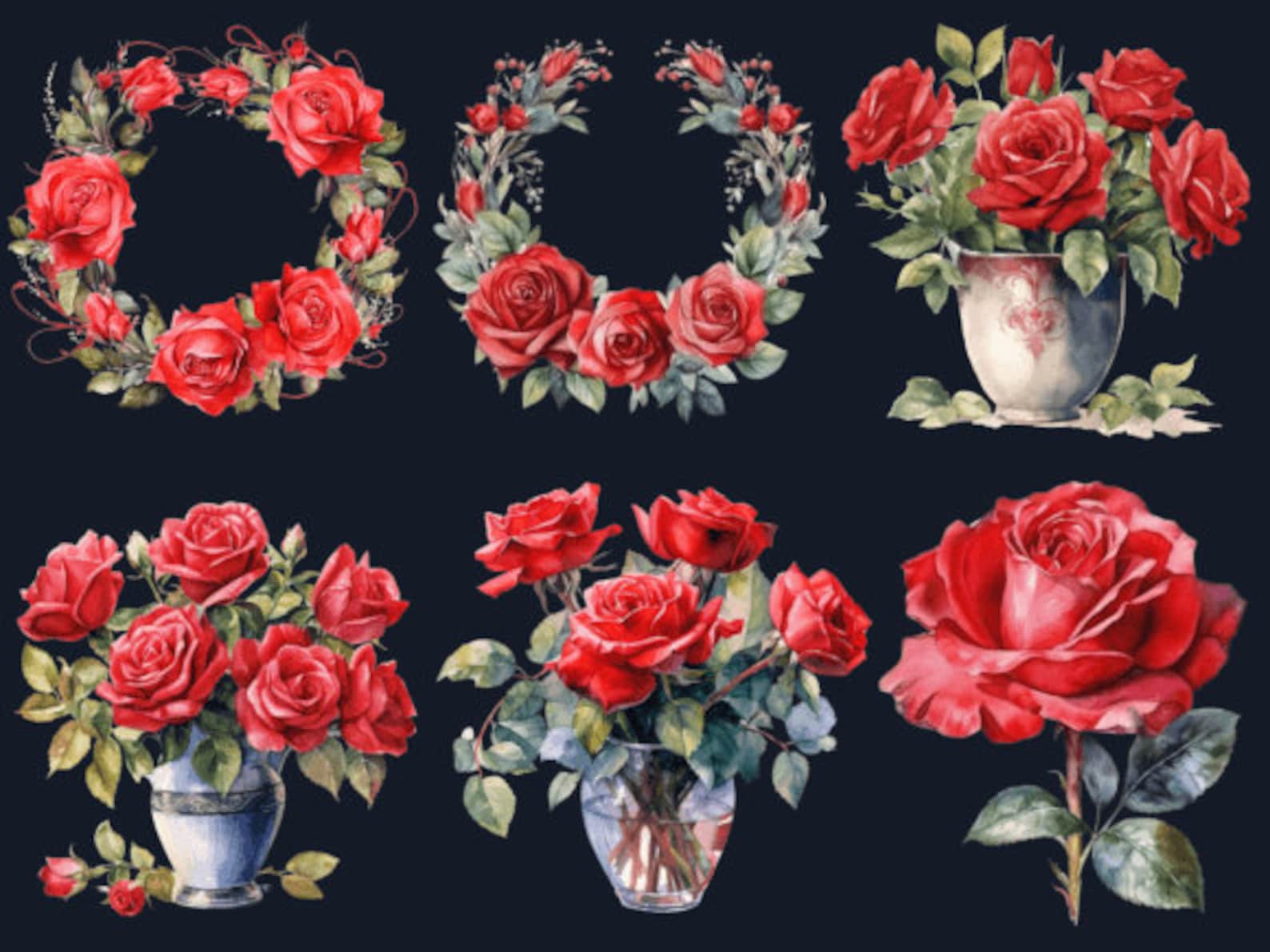 Watercolor Pretty Red Roses Clipart: High DPI, Print-ready Red Rose ...