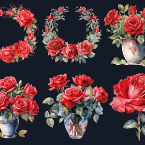Watercolor Pretty Red Roses Clipart: High DPI, Print-ready Red Rose ...