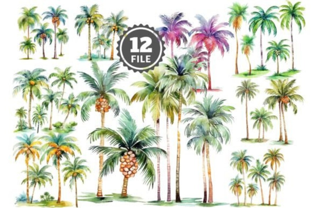 Tropical Watercolor Palm Trees, Tropical Clip Art, Palm Trees, Palm ...