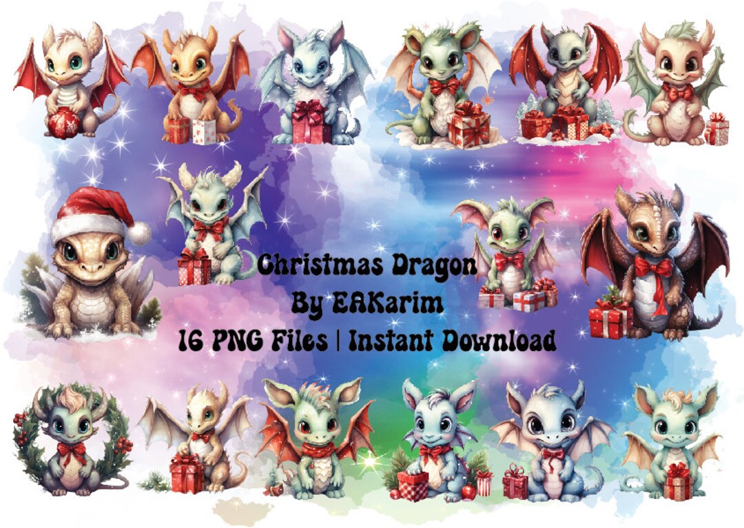 CHRISTMAS DRAGONS WATERCOLOR Clip Art, Digital/paper Crafts, Cute ...