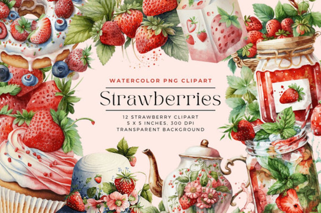 Watercolor Strawberry Cliparts, Summer Clipart Bundle, Summer Fruits ...