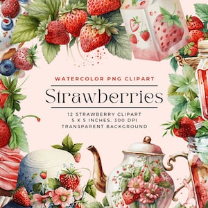 Watercolor Strawberry Cliparts, Summer Clipart Bundle, Summer Fruits ...
