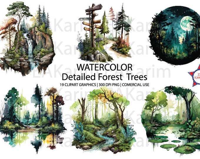 Forest Clipart, Watercolor Forest Landscapes, Forest Pine Tree Greenery ...