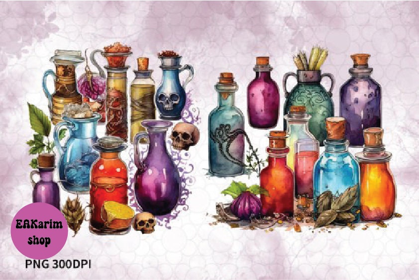 Witches Potionshelf Watercolor Clipart, Magical Mystical Art, Fantasy ...