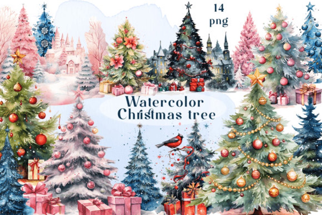 Christmas Trees Watercolor Clipart Bundle - 14 PNG Festive Tree Images ...