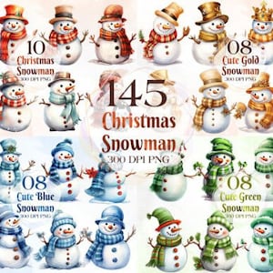 145 Watercolor Cute Christmas Snowman, Clipart PNG Bundle, Winter ...