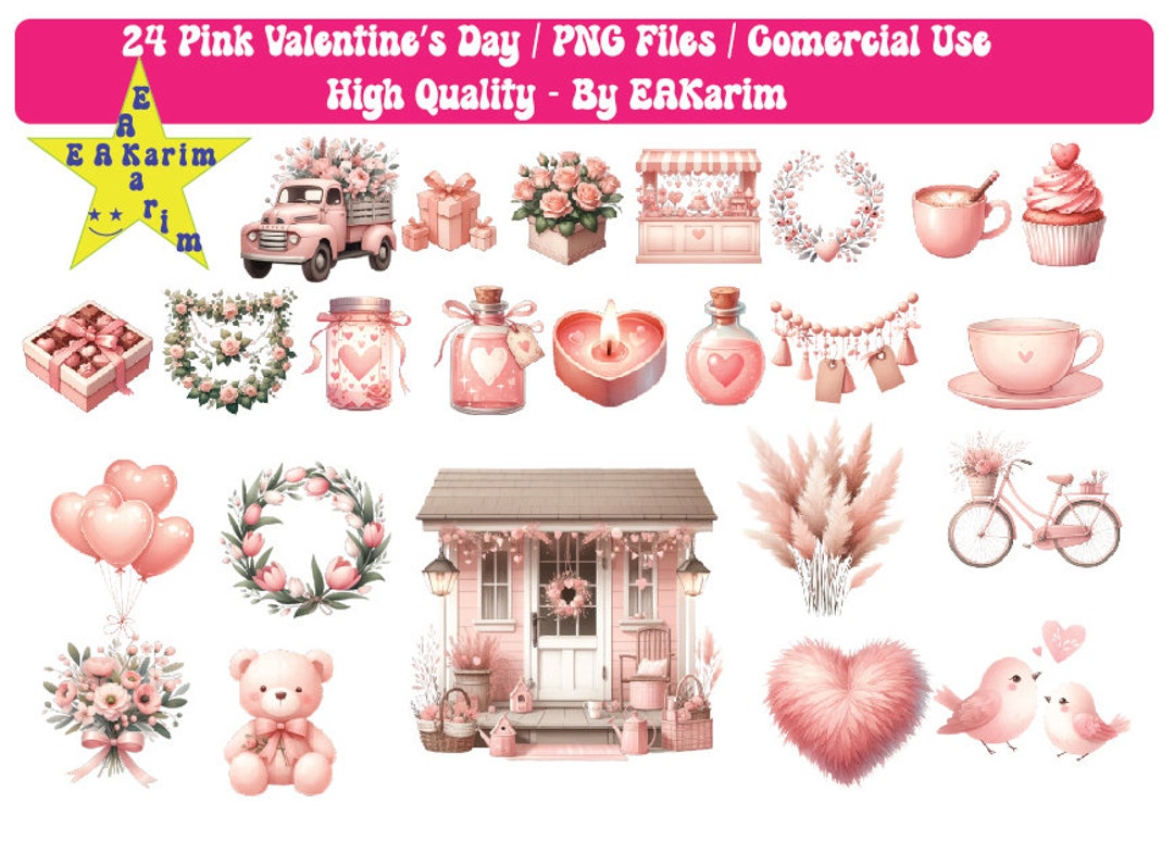 Pink Valentine's Day Clipart, Valentine's Day Pink and Red Decor, Roses ...