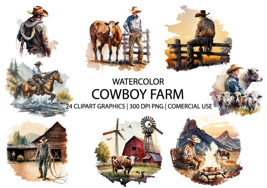Watercolor Cowboy Clipart, Horse Clipart Cowboy Western Texas Bundle ...