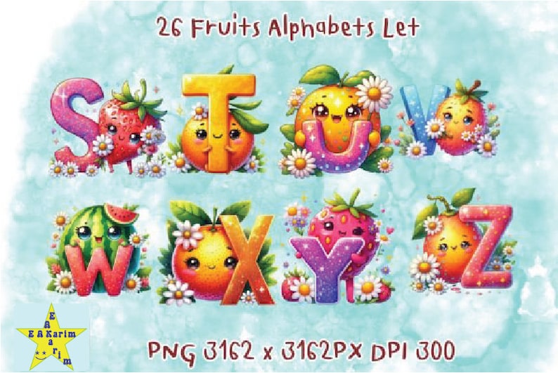 FRUIT ALPHABET Clipart, Printable for Tshirt | Set of Poster and 26 ...