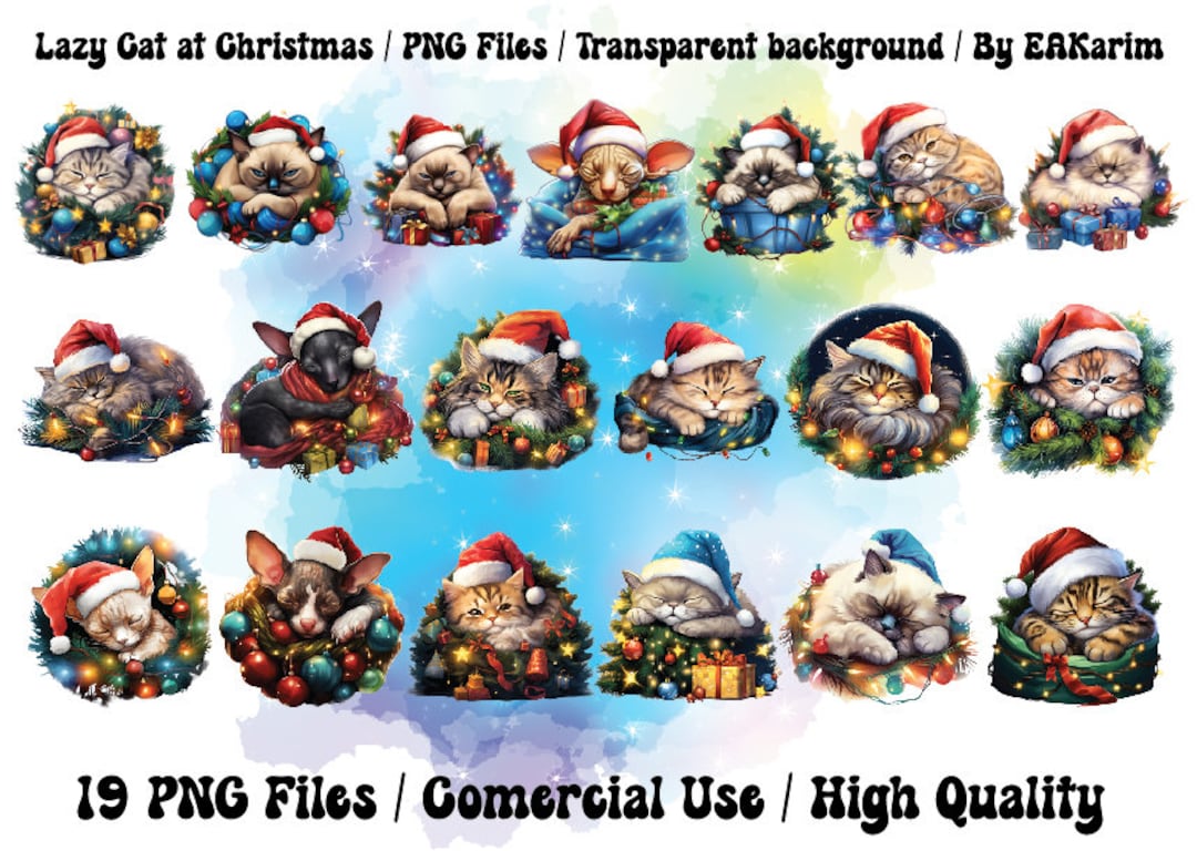 Christmas Cats Watercolor Clipart Bundle - 19 PNG Festive Cozy Cat ...