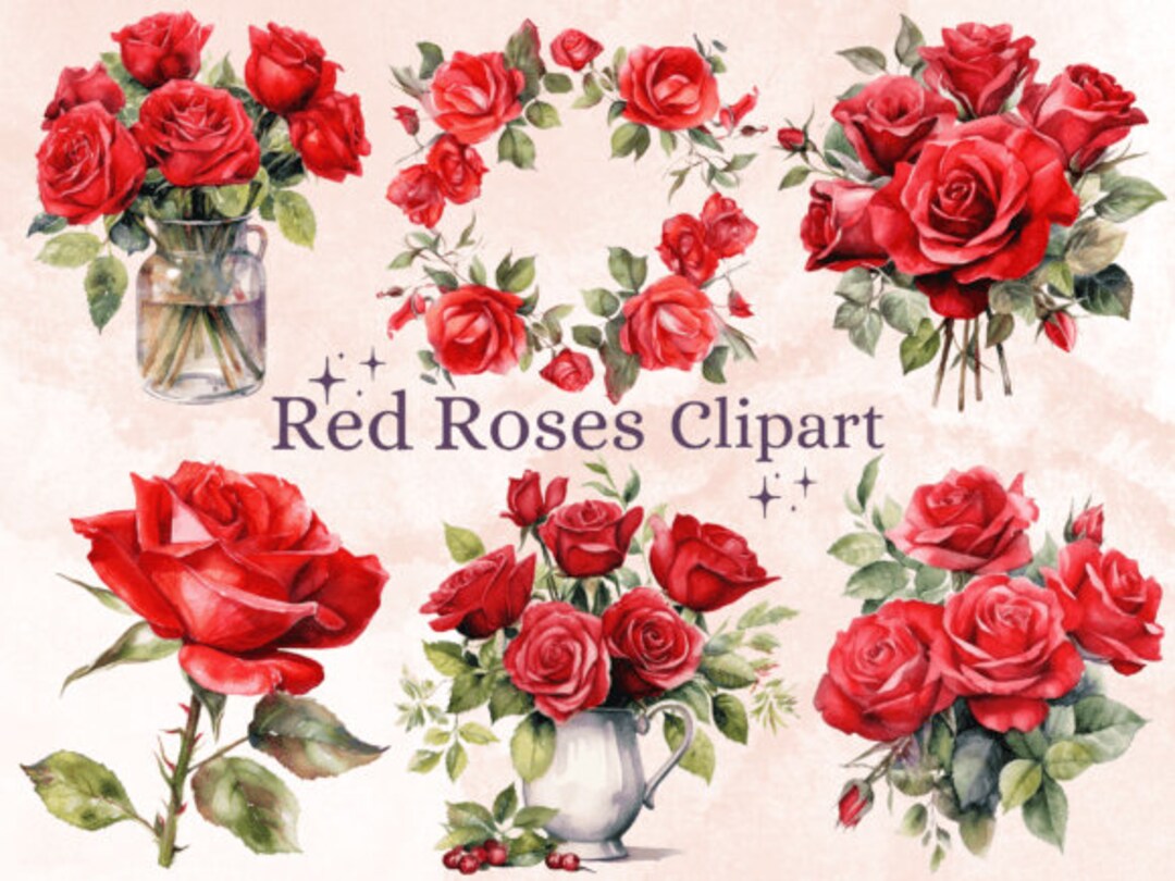 Watercolor Pretty Red Roses Clipart: High DPI, Print-ready Red Rose ...