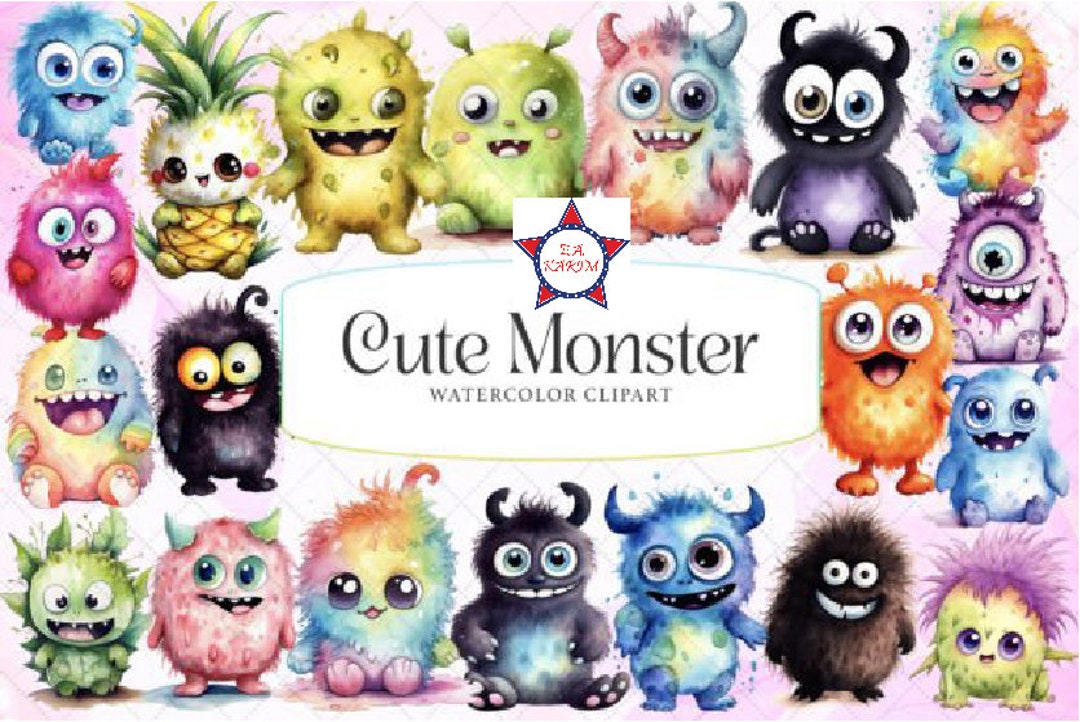 Cute Monsters Watercolor Clipart, Retro Collection, Playful Characters ...