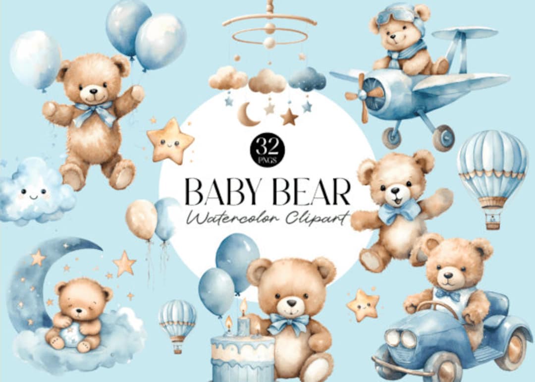 Sweet Baby Boy, Blue Teddy Bear Clipart Bundle - Watercolor Baby Shower ...