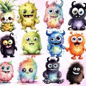 Cute Monsters Watercolor Clipart, Retro Collection, Playful Characters ...