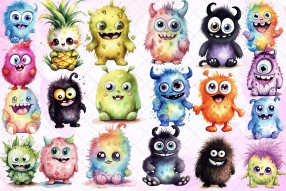 Cute Monsters Watercolor Clipart, Retro Collection, Playful Characters ...