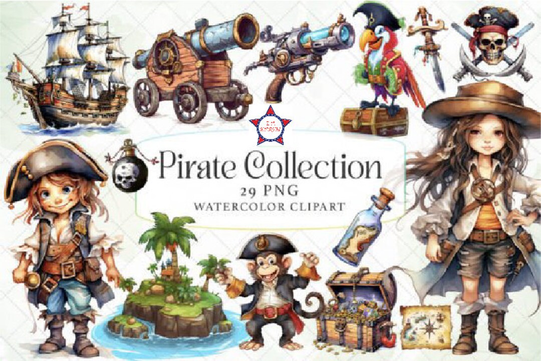 Pirate Adventure Watercolor Clipart, Pirate Head, Pirates Bundle ...