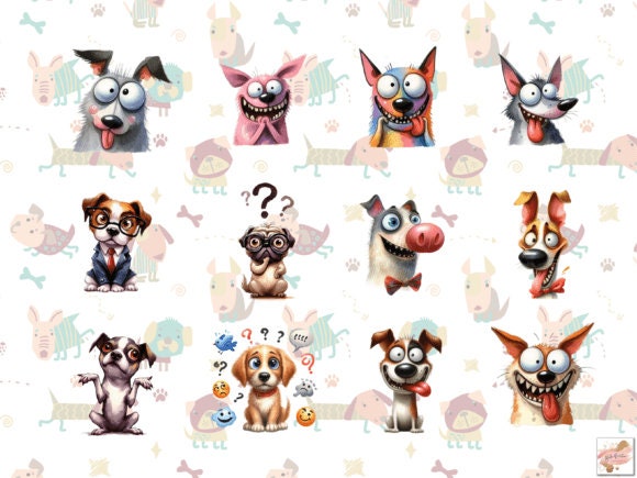 Funny and Crazy Dog Clipart Bundle, Dogs PNG, Watercolor Puppy Graphics ...
