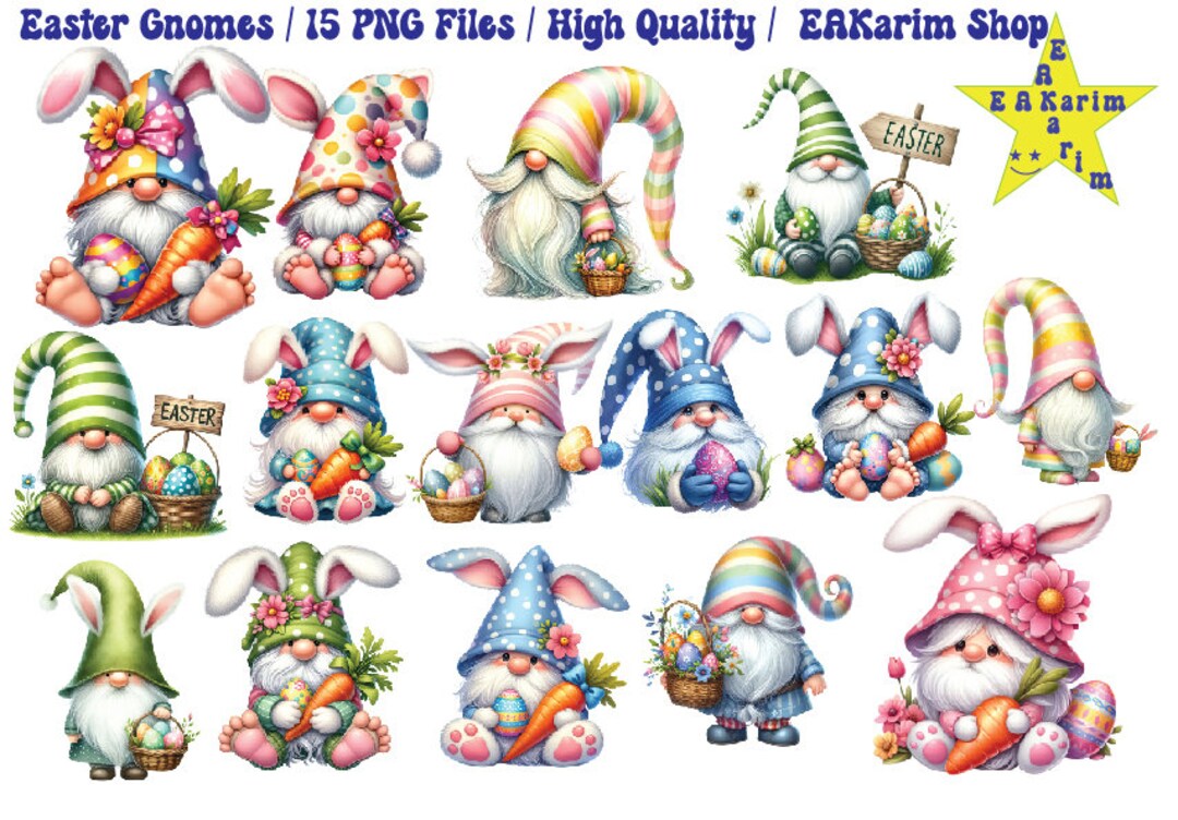Watercolor Easter Gnome Collection Clipart, 15 PNG Easter Clipart ...