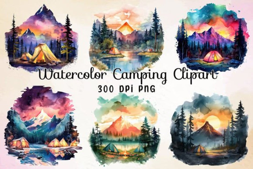 Watercolor Camping Van and Mountains Clipart Bundle for Commercial Use ...