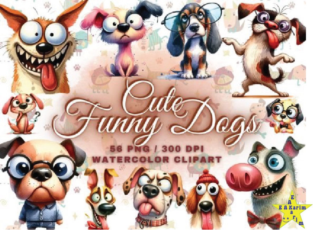 Funny and Crazy Dog Clipart Bundle, Dogs PNG, Watercolor Puppy Graphics ...