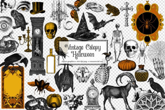 Vintage Halloween Clip Art, Creepy Snake, Frog, Skull, Creepy Fly ...
