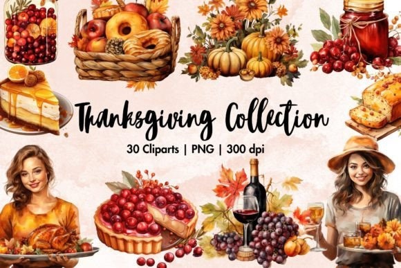 Thanksgiving Food Clipart, Thanksgiving Classic Food Watercolor PNG ...