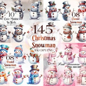 145 Watercolor Cute Christmas Snowman, Clipart PNG Bundle, Winter ...