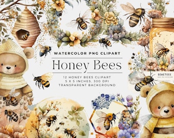 Watercolor Honey Bees Garden Clipart - Bee Items Download - Instant ...