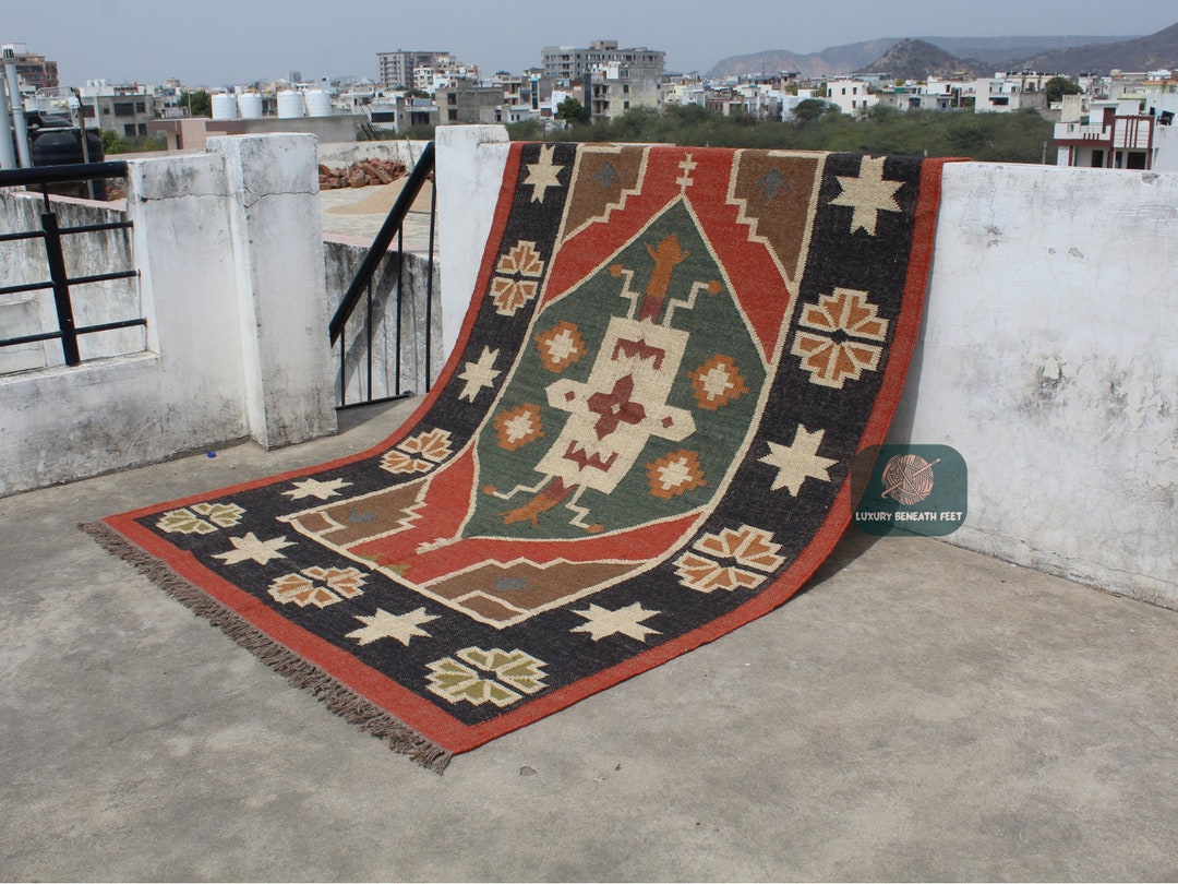 Wool and Jute Rug, Natural & Handmade Kilim Dhurrie Rug, Traditional ...