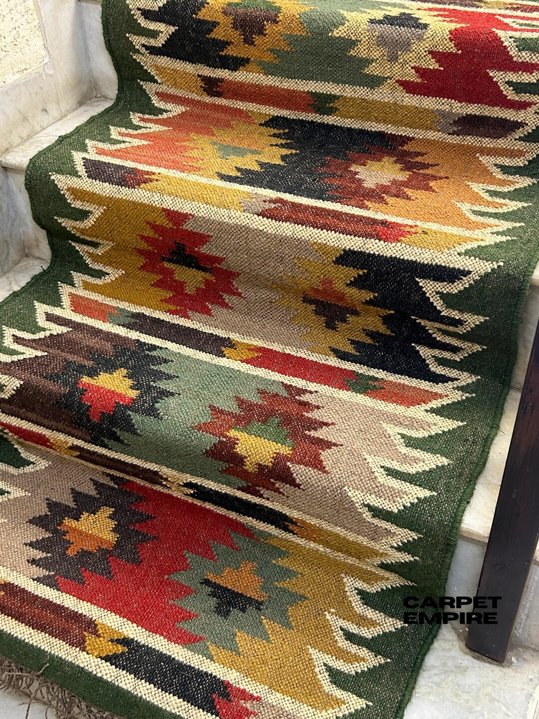 Green Kilim Runner: Handwoven Wool Jute Stairway Hallway Runner, Long ...