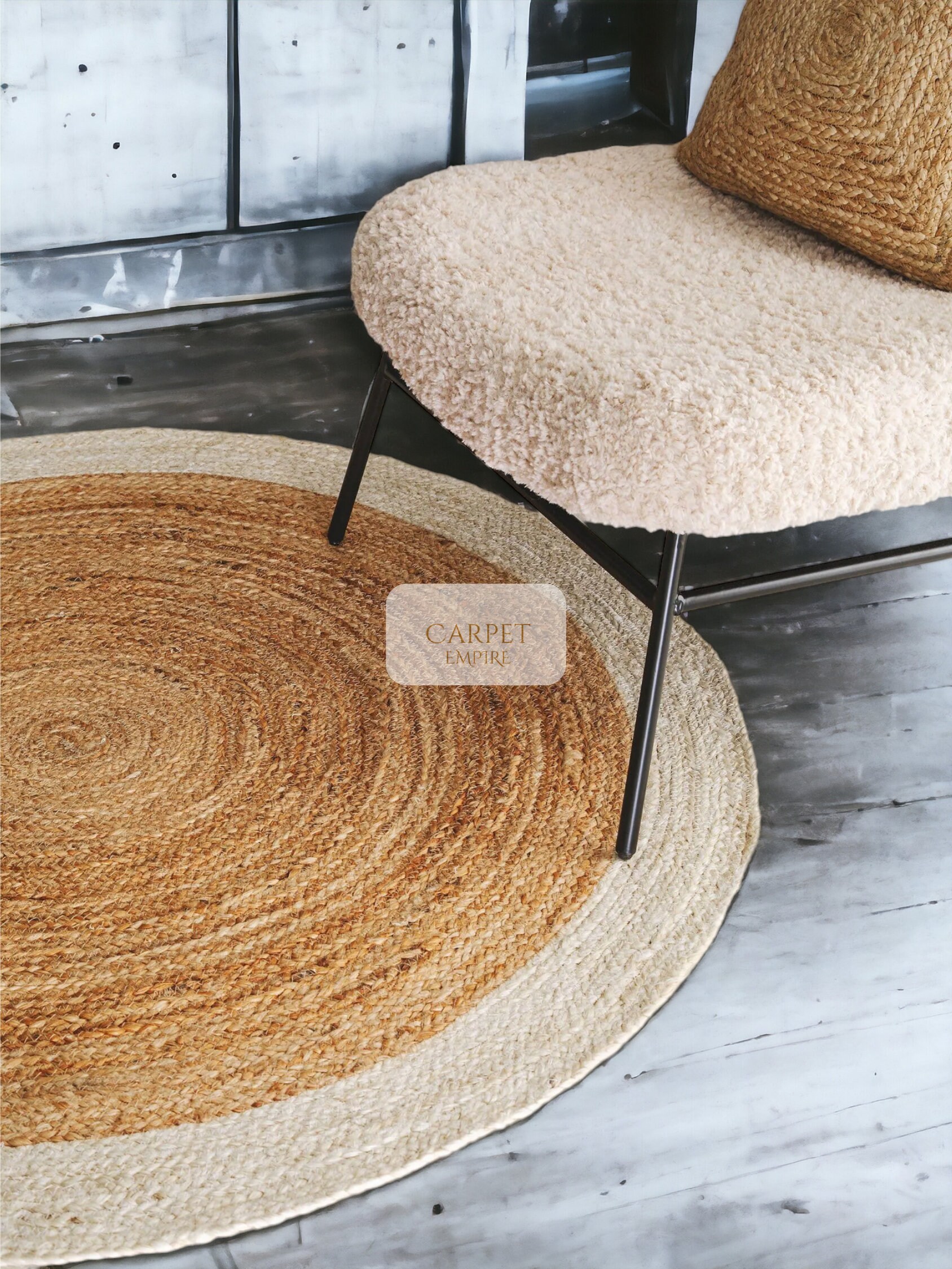 White Border Jute Rug, Round Rug, Natural Base With White Border, Boho ...