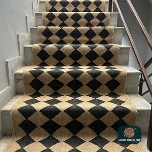 Black Beige Jute Runner Rug | Modern Geometric Style Staircase Runner ...