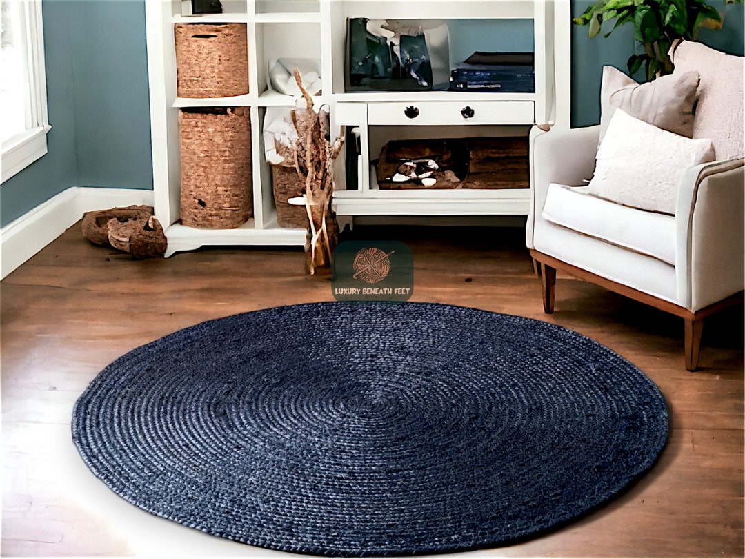 Navy Blue Jute Round Rug, Jute Circle Rug, Round Area Rug, Blue Round ...