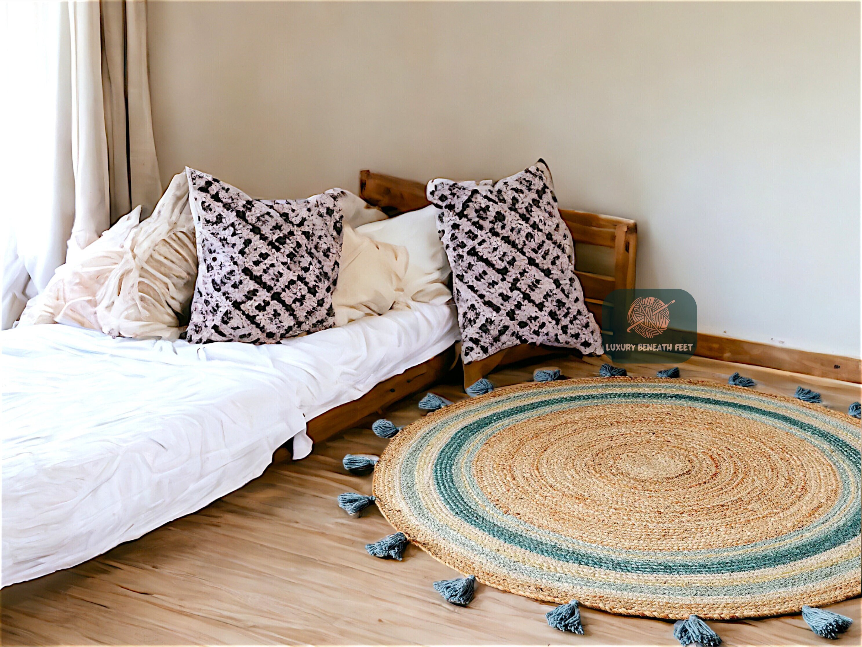 Exclusive Jute Round Rug With Blue Color Border & Fringes,natural Fiber ...