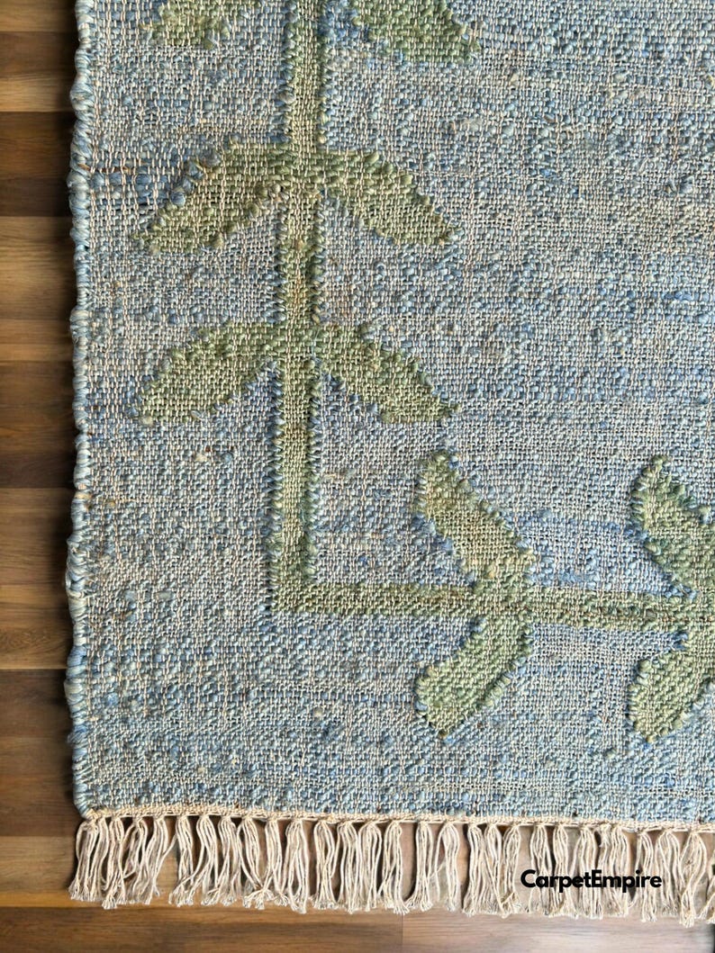 Neutral Blue Jute Rug: Floral Farmhouse Cottagecore Rustic Area Rug ...