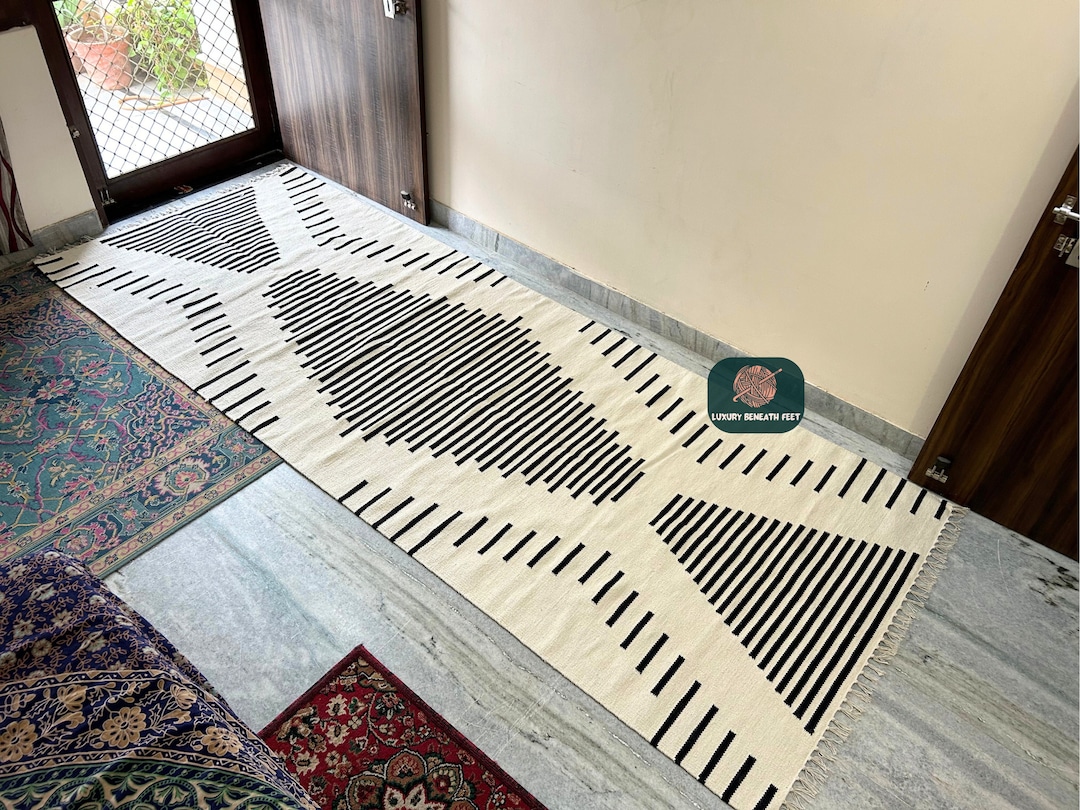 Striped Cotton Runner, Handwoven White Runner, Modern Geometric Hallway ...
