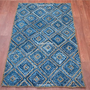 Diamond Pattern Blue Denim Jute Rug, Recycled Denim Rug , Blue Jeans ...