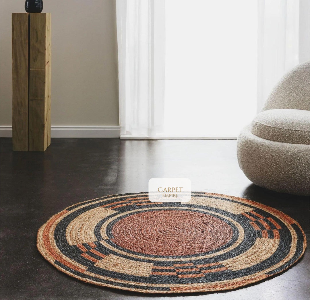 Exclusive Jute Round Rug With Geometric Pattern , Natural Fiber Round ...