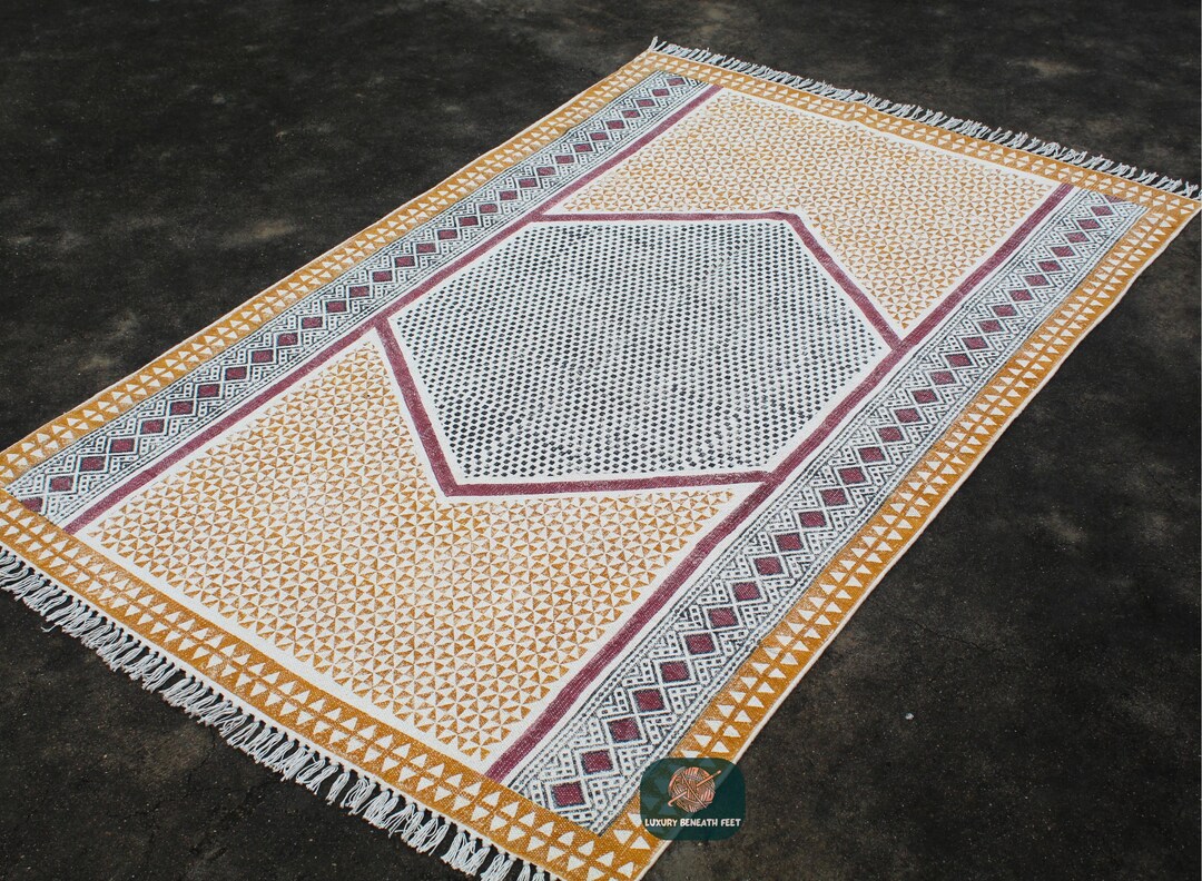 Handmade Indian Cotton Rug Vintage Hand Block Printing Kilim Motifs ...