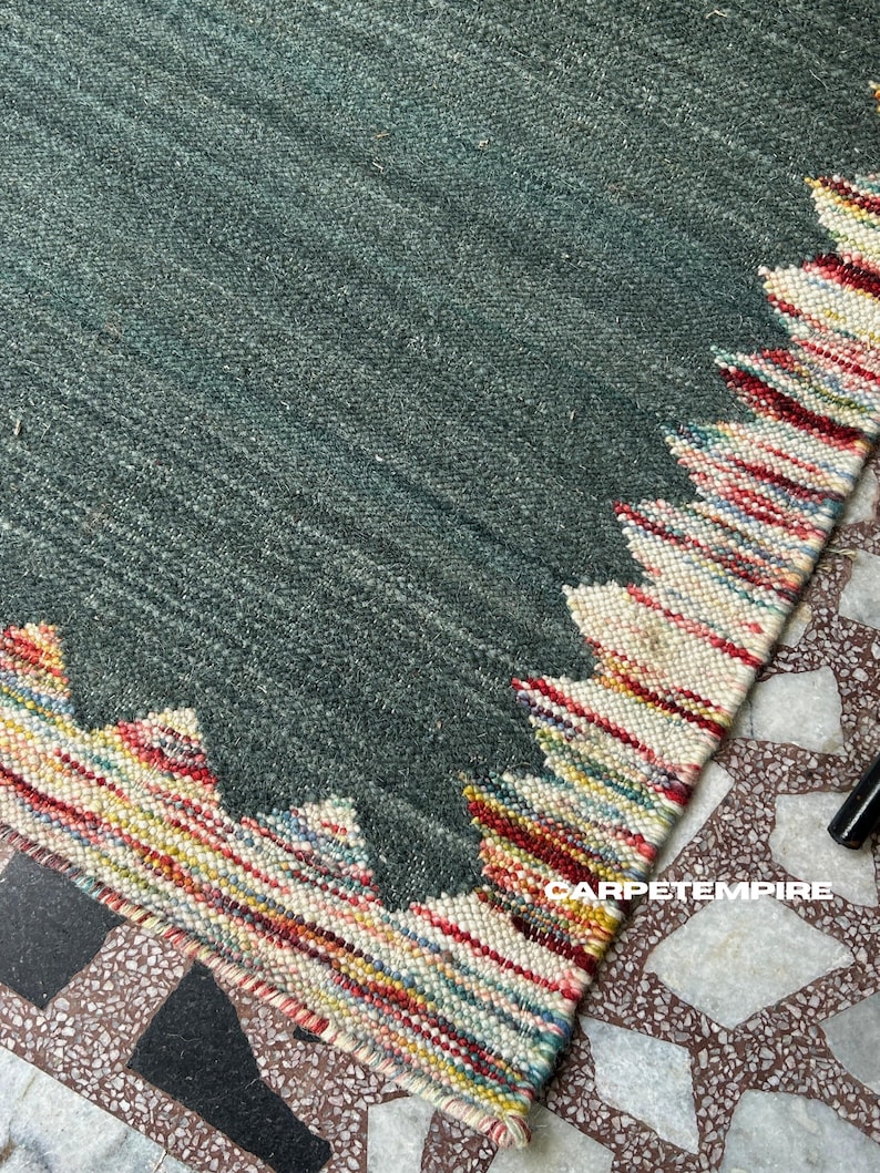 Solid Green Wool Rug: Multicolor Boho Bordered Rug, Handwoven Boho Green Area Rug - High Traffic ...