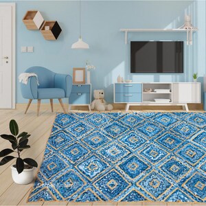 Diamond Pattern Blue Denim Jute Rug, Recycled Denim Rug , Blue Jeans ...