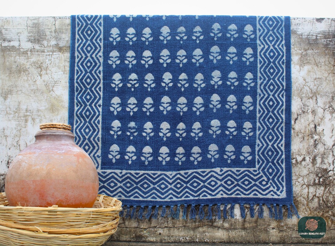 Blue Indigo Indian Cotton Rug Vintage Hand Block Printing Floral Motifs ...