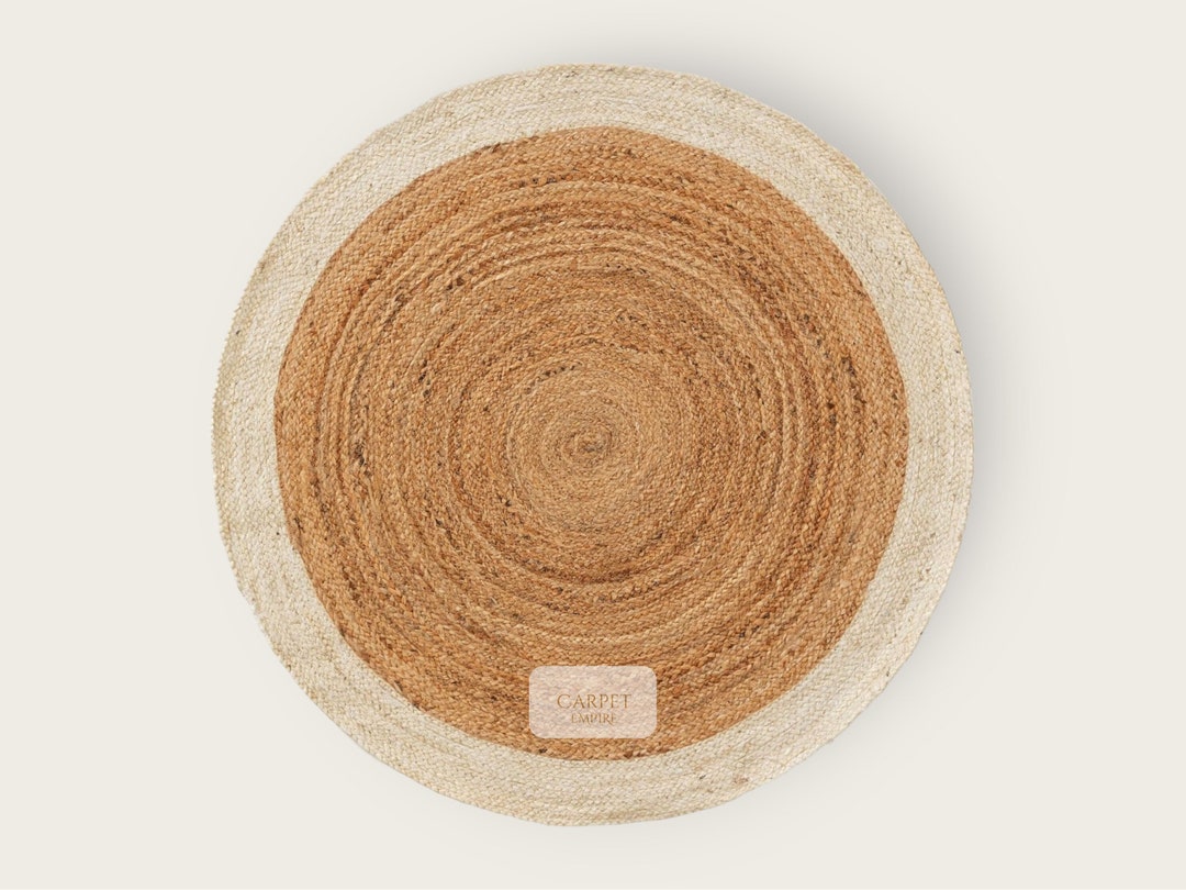 White Border Jute Rug, Round Rug, Natural Base With White Border, Boho ...