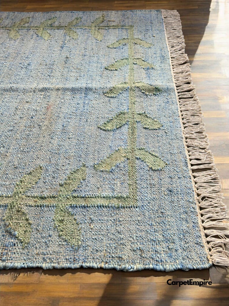 Neutral Blue Jute Rug: Floral Farmhouse Cottagecore Rustic Area Rug ...