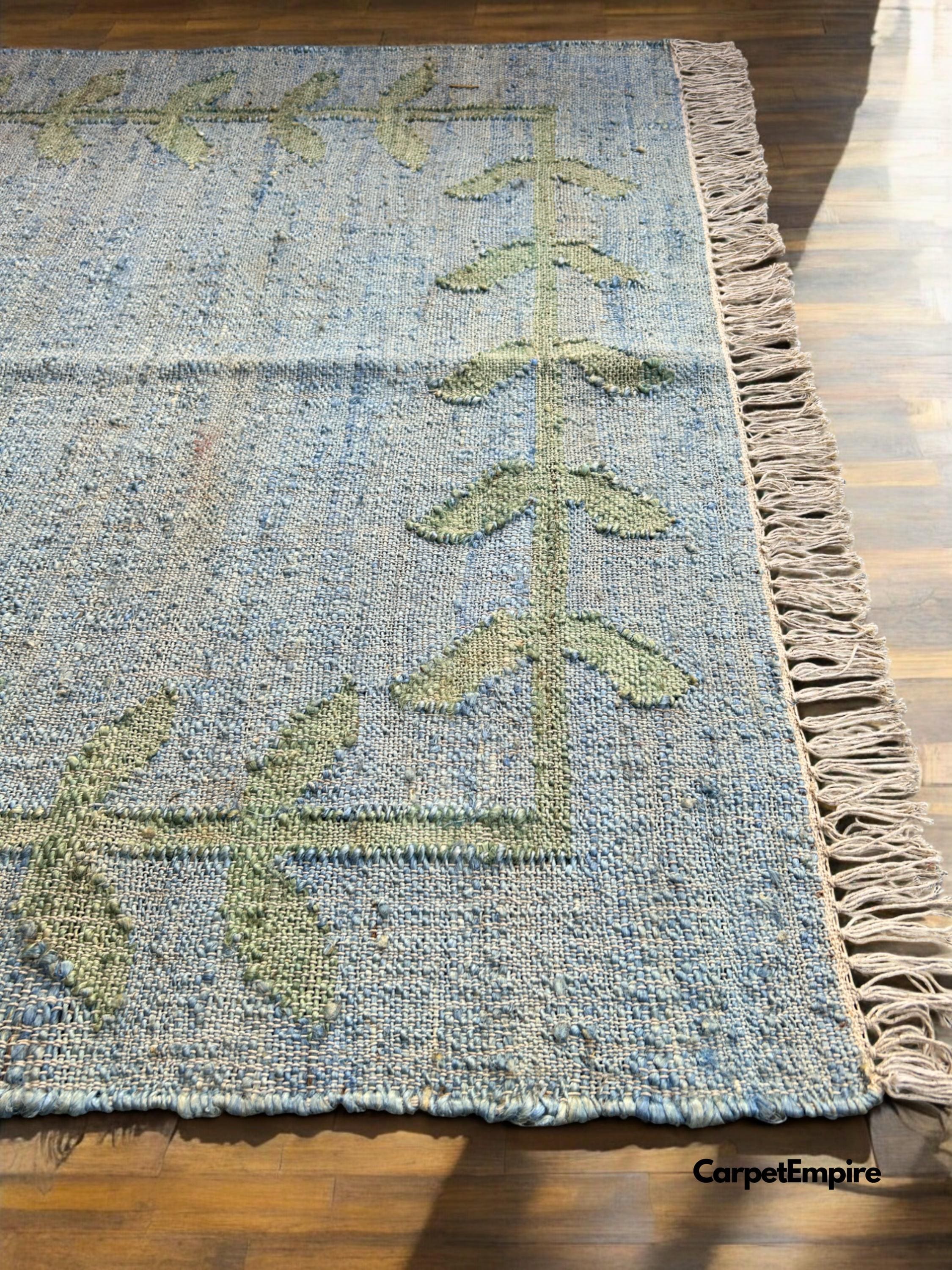 Neutral Blue Jute Rug, Rustic Floral Jute Cotton Rug, Handwoven Vintage ...