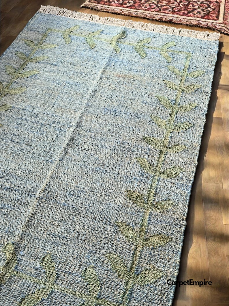 Neutral Blue Jute Rug: Floral Farmhouse Cottagecore Rustic Area Rug ...