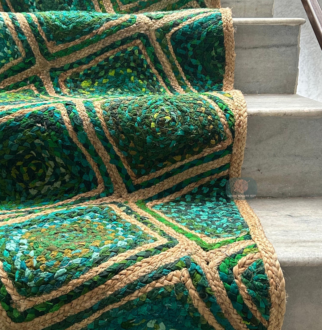 Green Boho Runner Rug - Chindi Jute Runner - Stairway/entryway/hallway ...