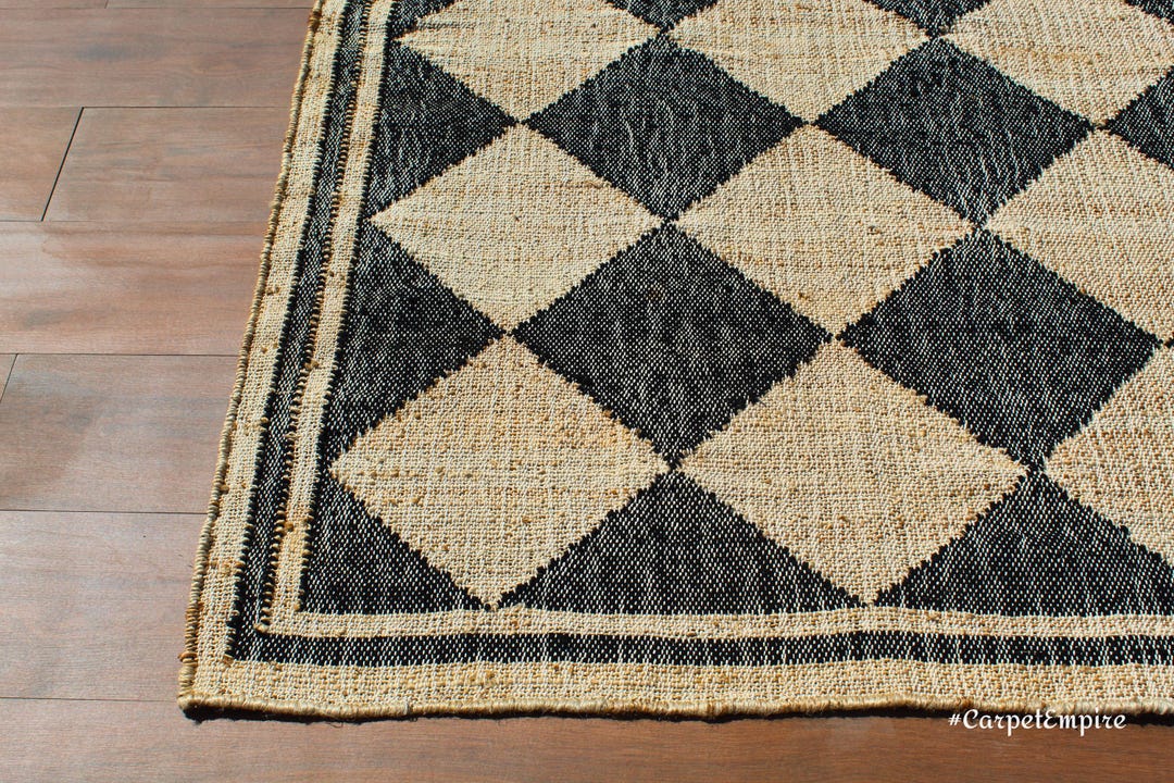 Black Beige Diamond Jute Rug - Handmade Natural Jute Area Rug - Scandi ...