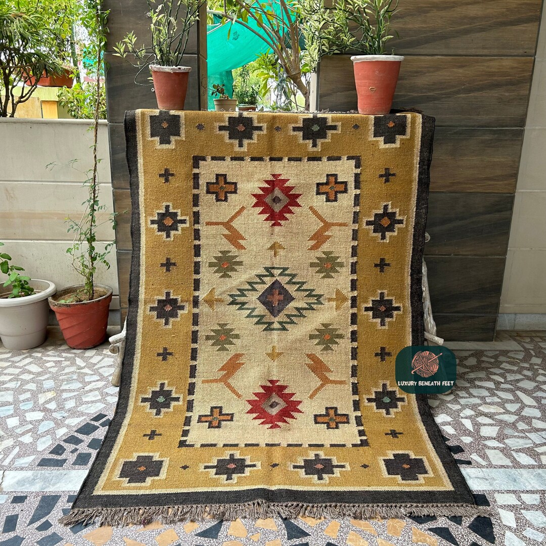 Southwestern Navajo Wool Jute Area Rug Vintage Kilim Pattern Handmade ...